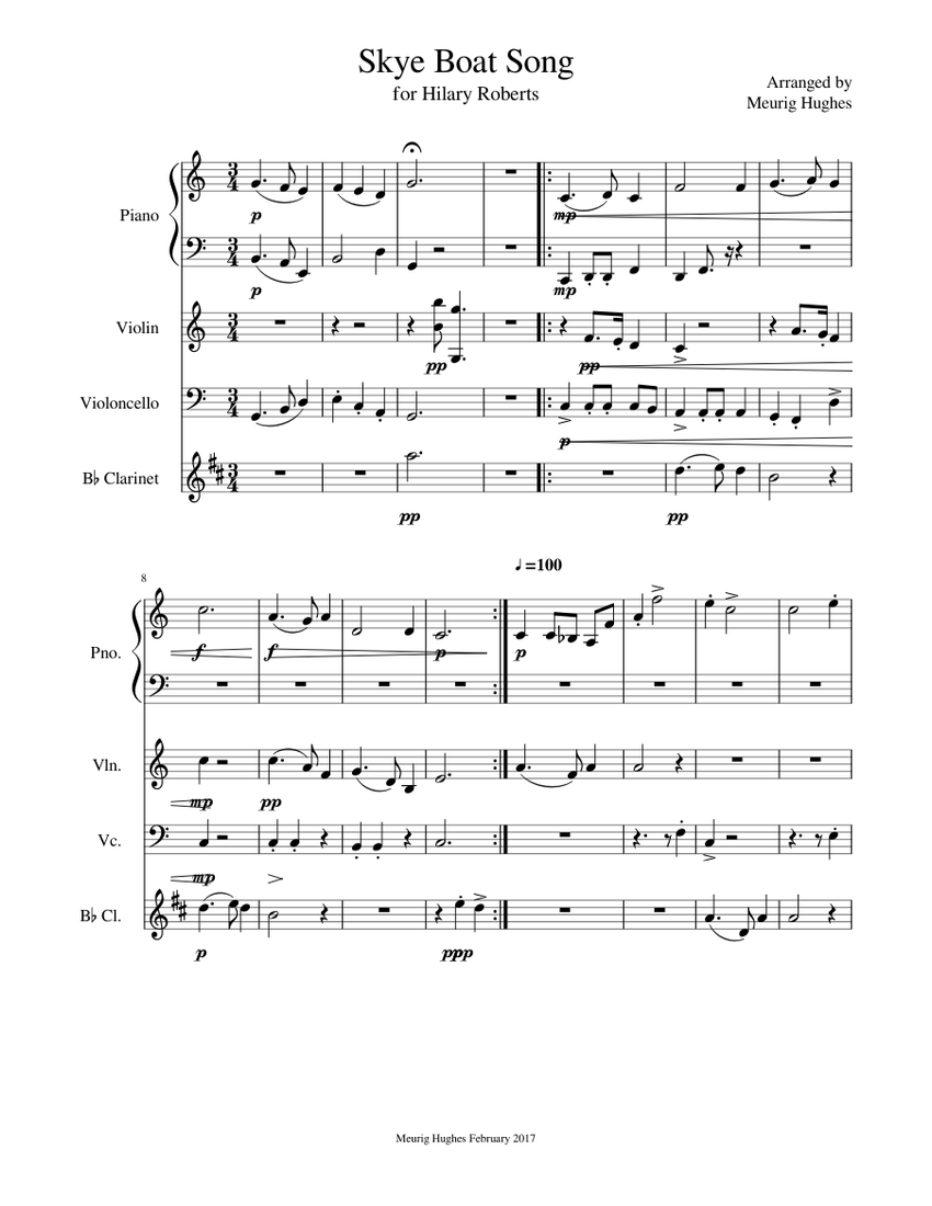 Skye Boat Song Sheet music for Piano, Violin, Clarinet, Cello ...