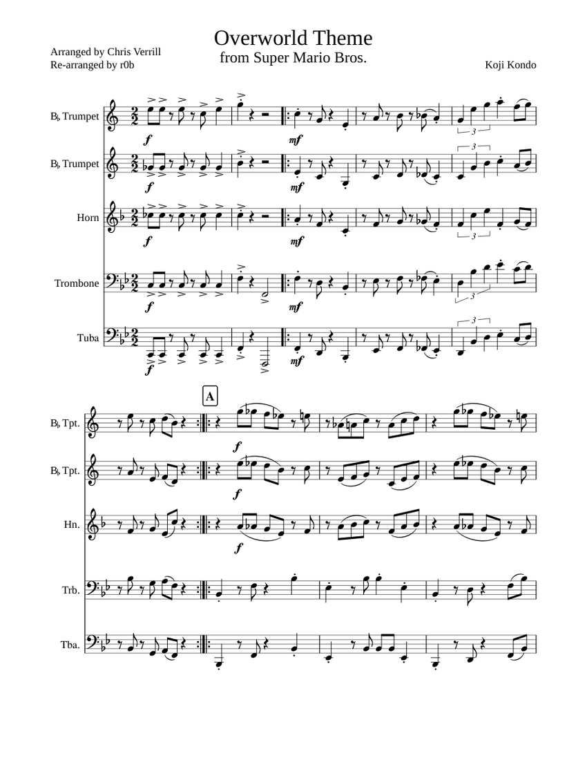 Super Mario Bros. Overworld Theme (Brass Quintet) Sheet music for ...