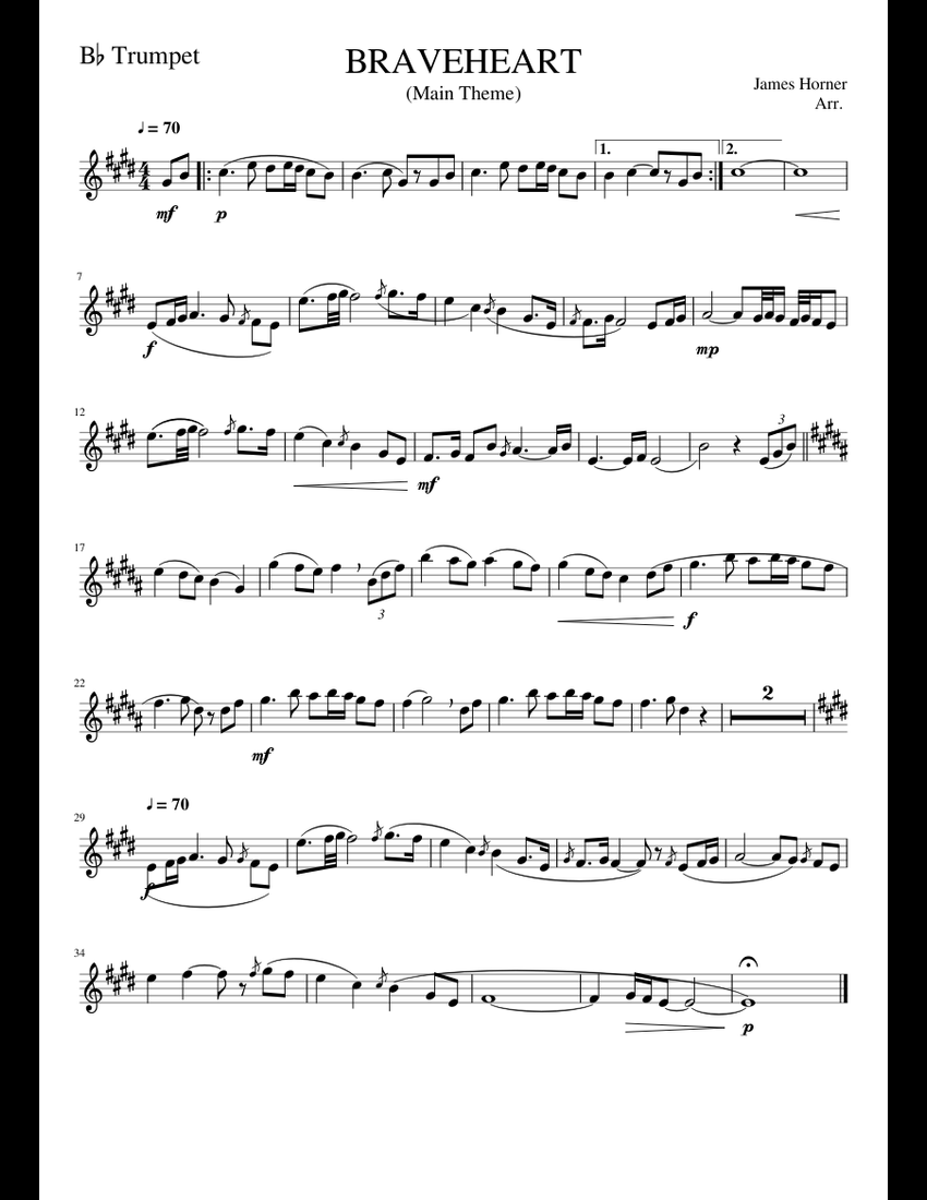 BRAVEHEART Main Theme Brass Quintet origin B Trumpet1 sheet music for ...