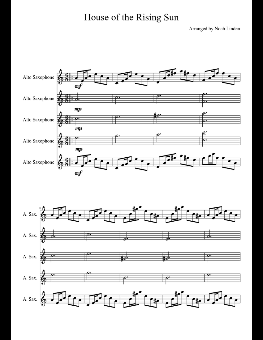 House Of The Rising Sun sheet music for Alto Saxophone download free in ...