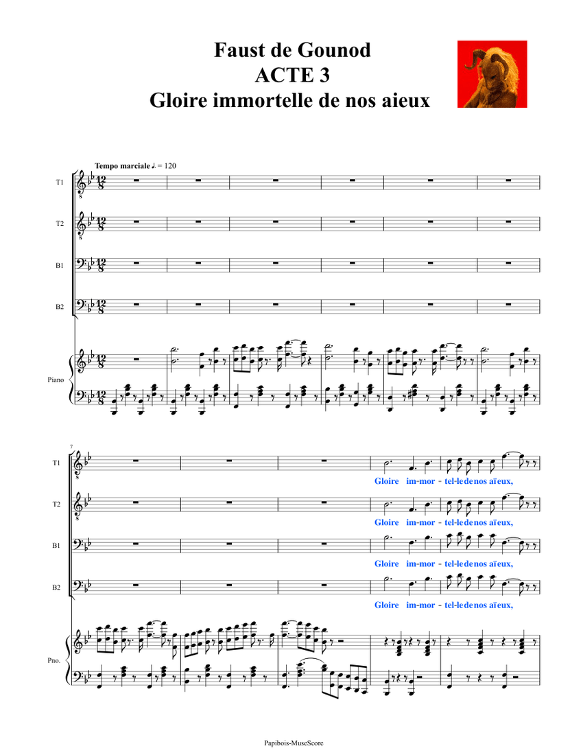 FAUST de Gounod : Choeurs Partie 8/14 Gloire immortelle de nos aïeux Sheet music | Download free ...