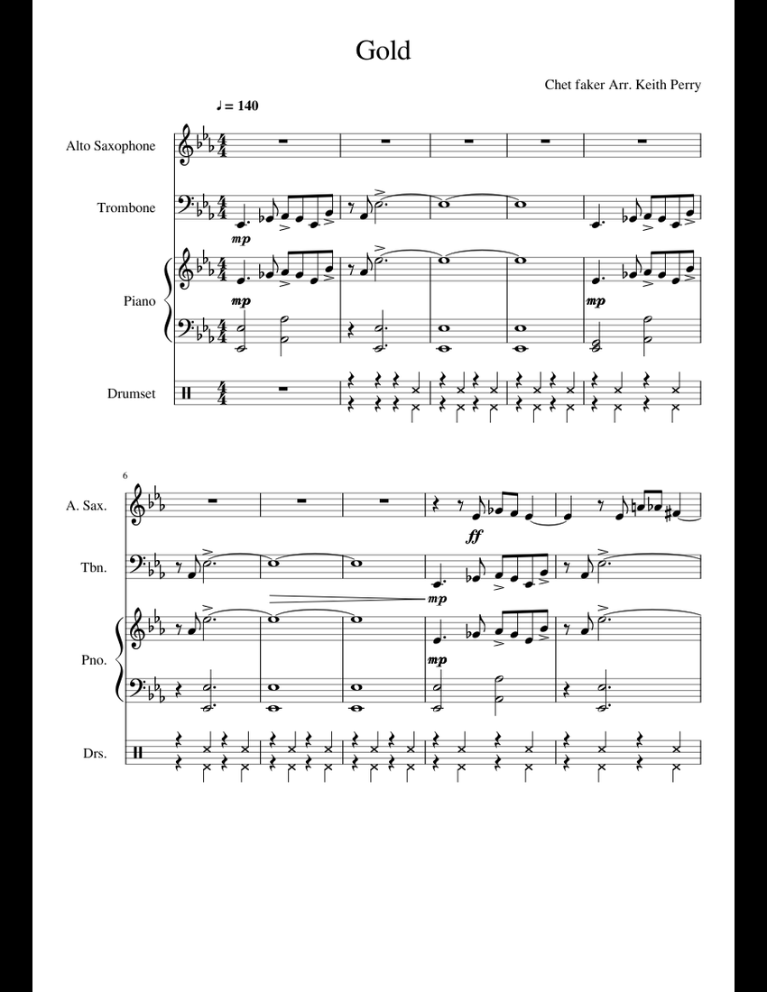 Gold ~ Chet Faker sheet music for Piano, Alto Saxophone, Trombone ...
