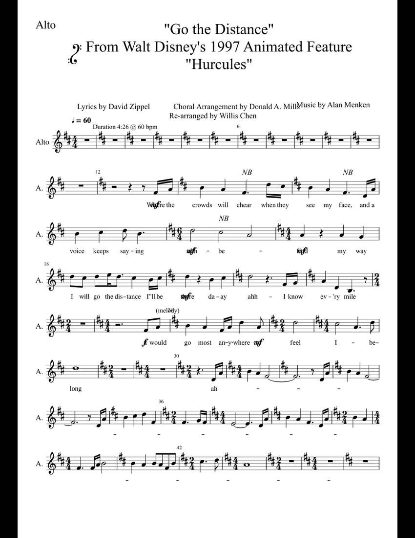 "Go the Distance" (Alto) sheet music for Voice download free in PDF or MIDI