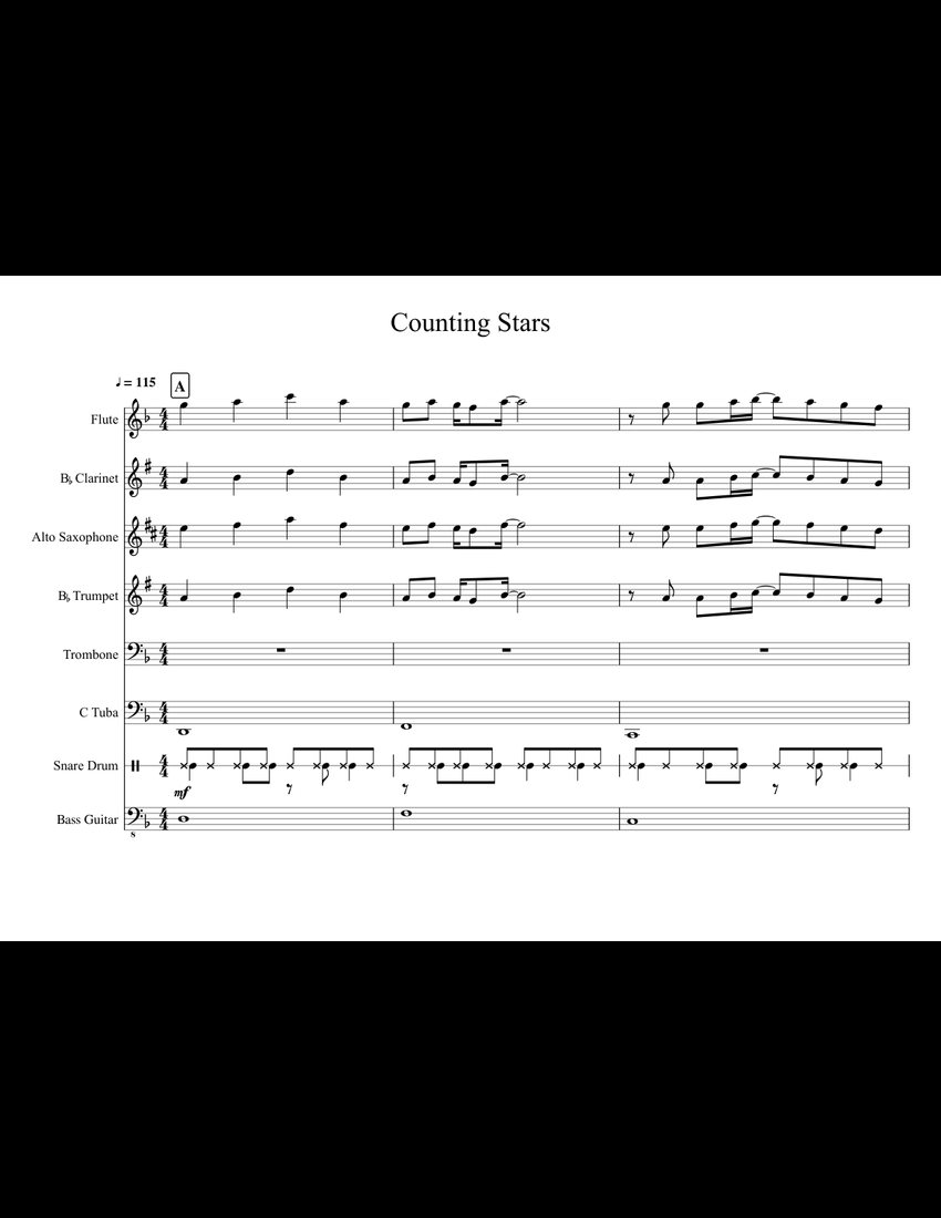 Counting stars sheet music for Flute, Clarinet, Alto Saxophone, Trumpet ...