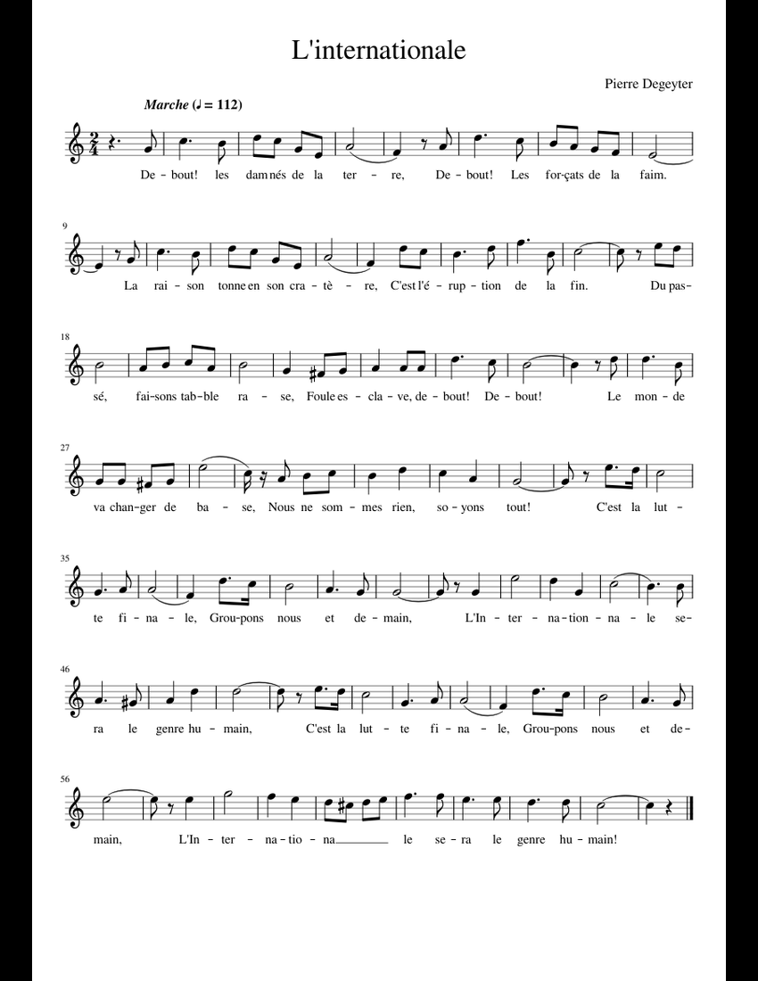L'Internationale sheet music for Piano download free in PDF or MIDI