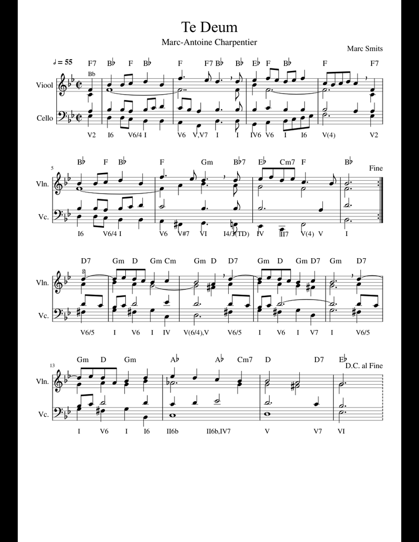 Te Deum Charpentier Marc Smits sheet music for Violin, Cello download free in PDF or MIDI