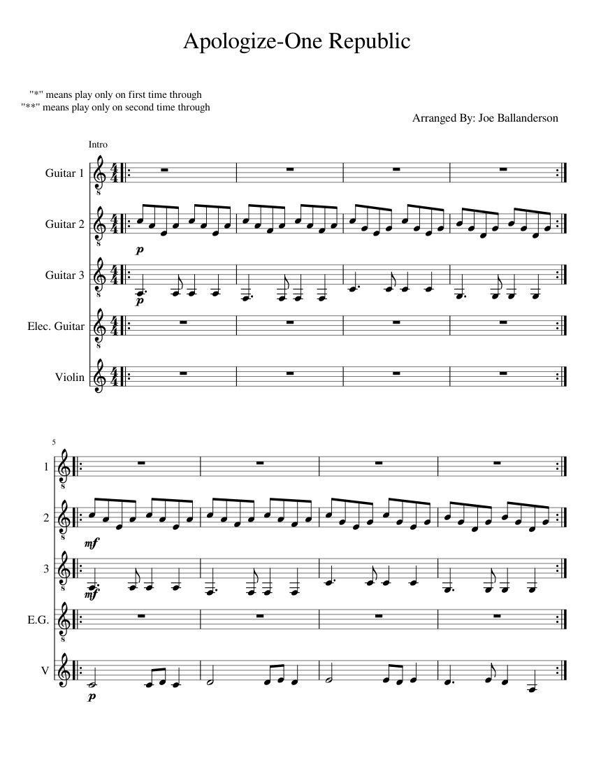 Apologize-One Republic Sheet music for Violin, Guitar | Download free ...