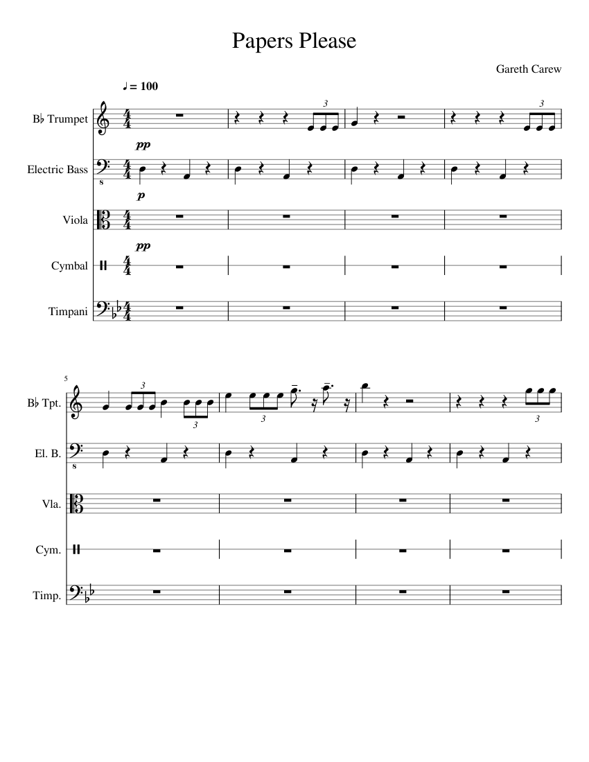 Papers Please sheet music for Trumpet, Bass, Viola, Percussion download ...