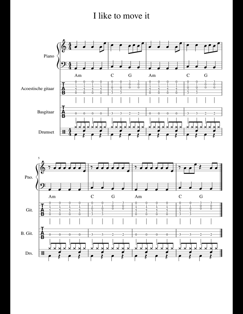 I like to move it sheet music for Piano, Guitar, Bass, Percussion ...