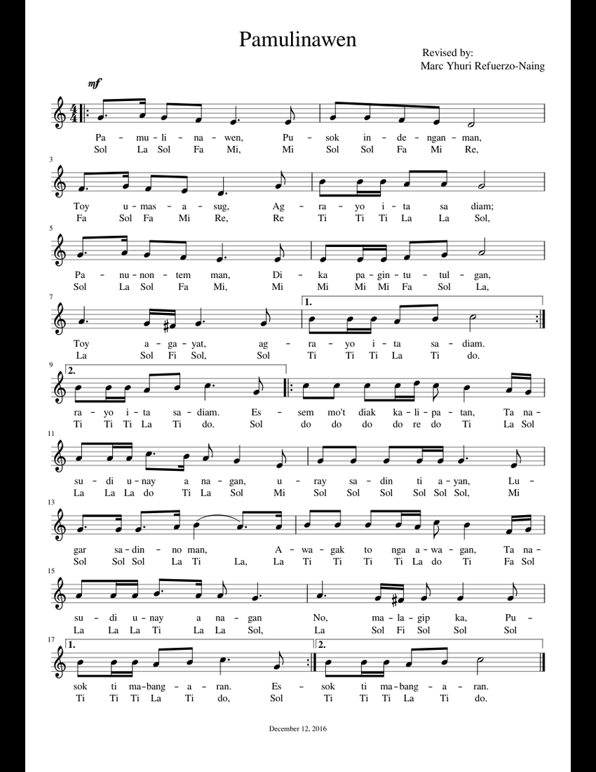 Pamulinawen- Marc Yhuri Refuerzo-Naing sheet music download free in PDF ...