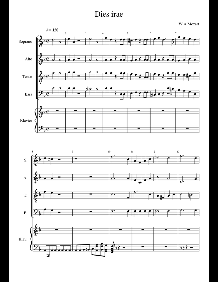 Dies irae Mozart Requiem KV 626 Sopran sheet music for Piano, Strings ...