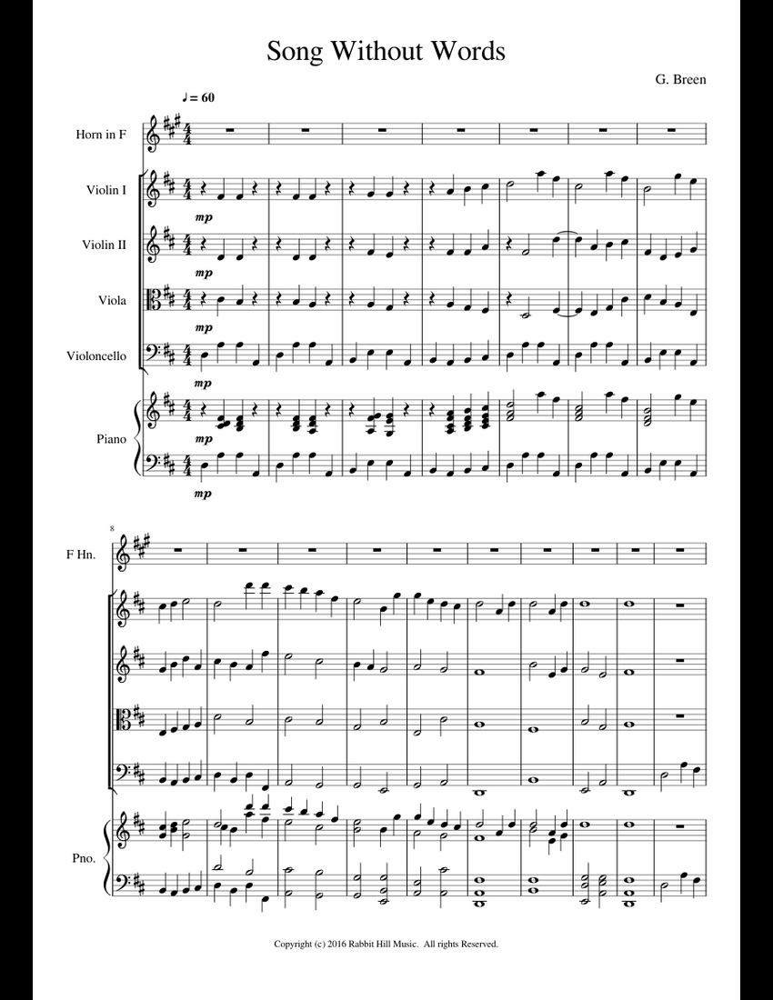 Song without Words sheet music for Violin, Piano, French Horn, Viola ...