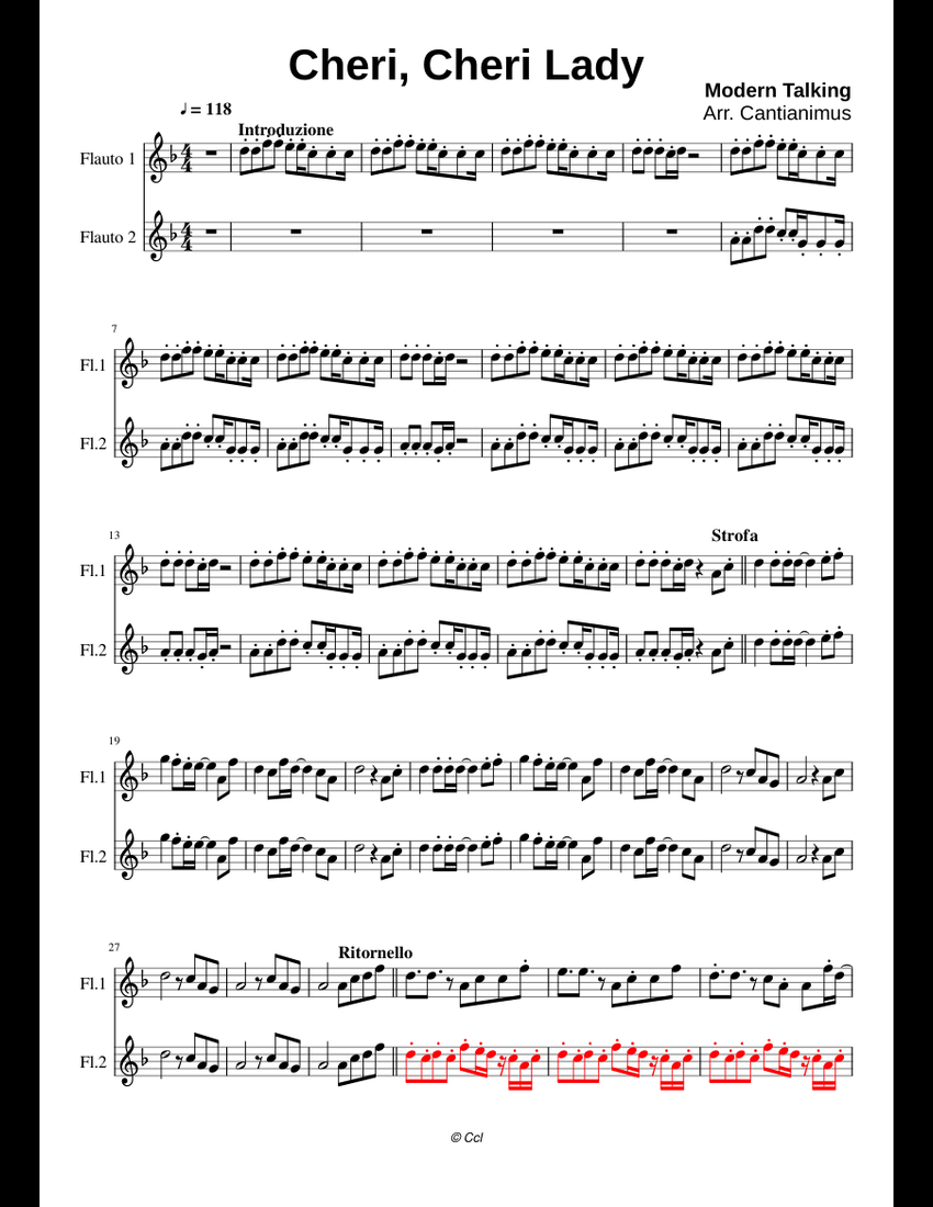 Cheri Cheri Lady - Flutes sheet music for Synthesizer, Percussion ...