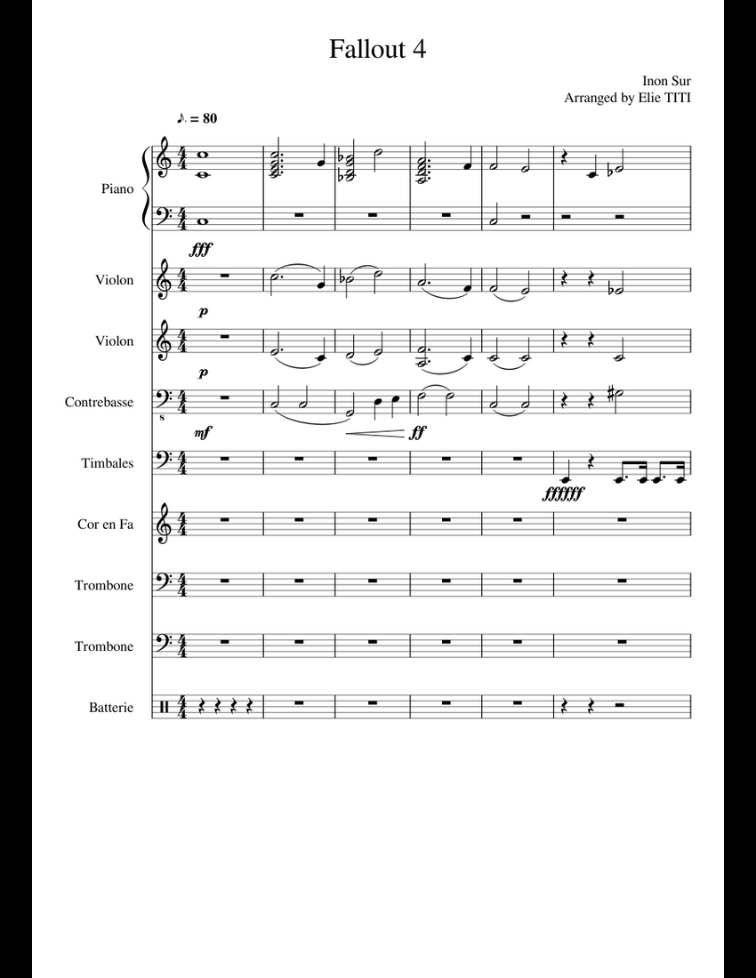 Fallout 4 Main Theme sheet music for Piano, Violin, Contrabass, Timpani ...