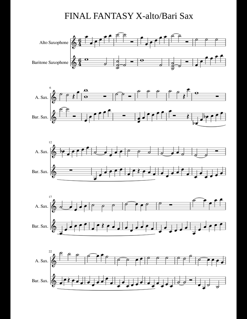 FINAL FANTASY X AltoBari Sax sheet music for Piano, Violin, Cello, Alto ...
