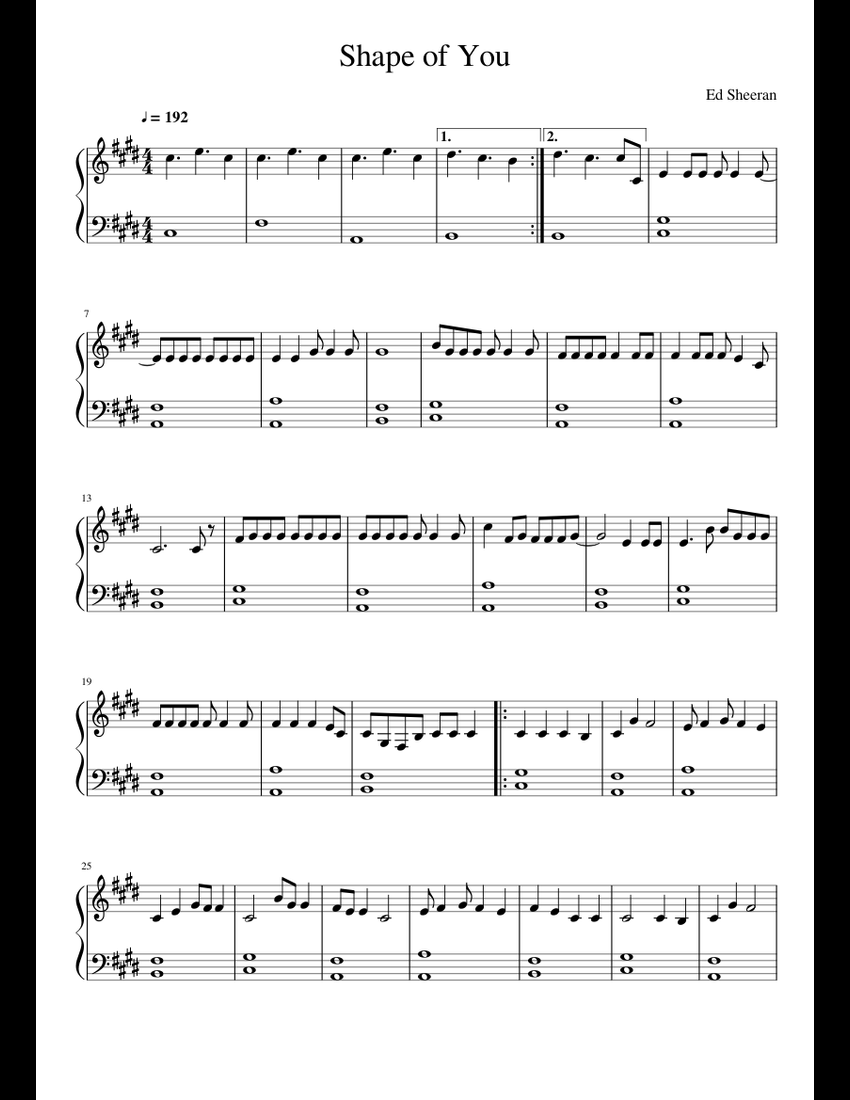 Shape of You sheet music for Piano download free in PDF or MIDI