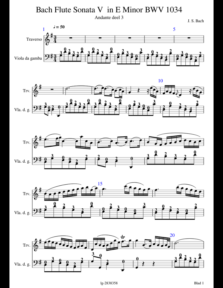 Bach Flute Sonata V in E Minor deel 3 BWV 1034 sheet music for Flute ...
