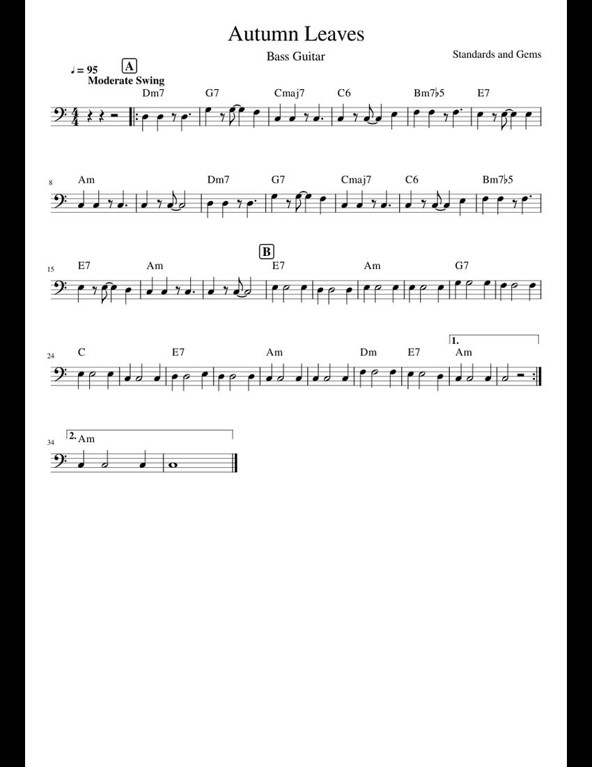 Autumn Leaves Bassline sheet music for Bass download free in PDF or MIDI