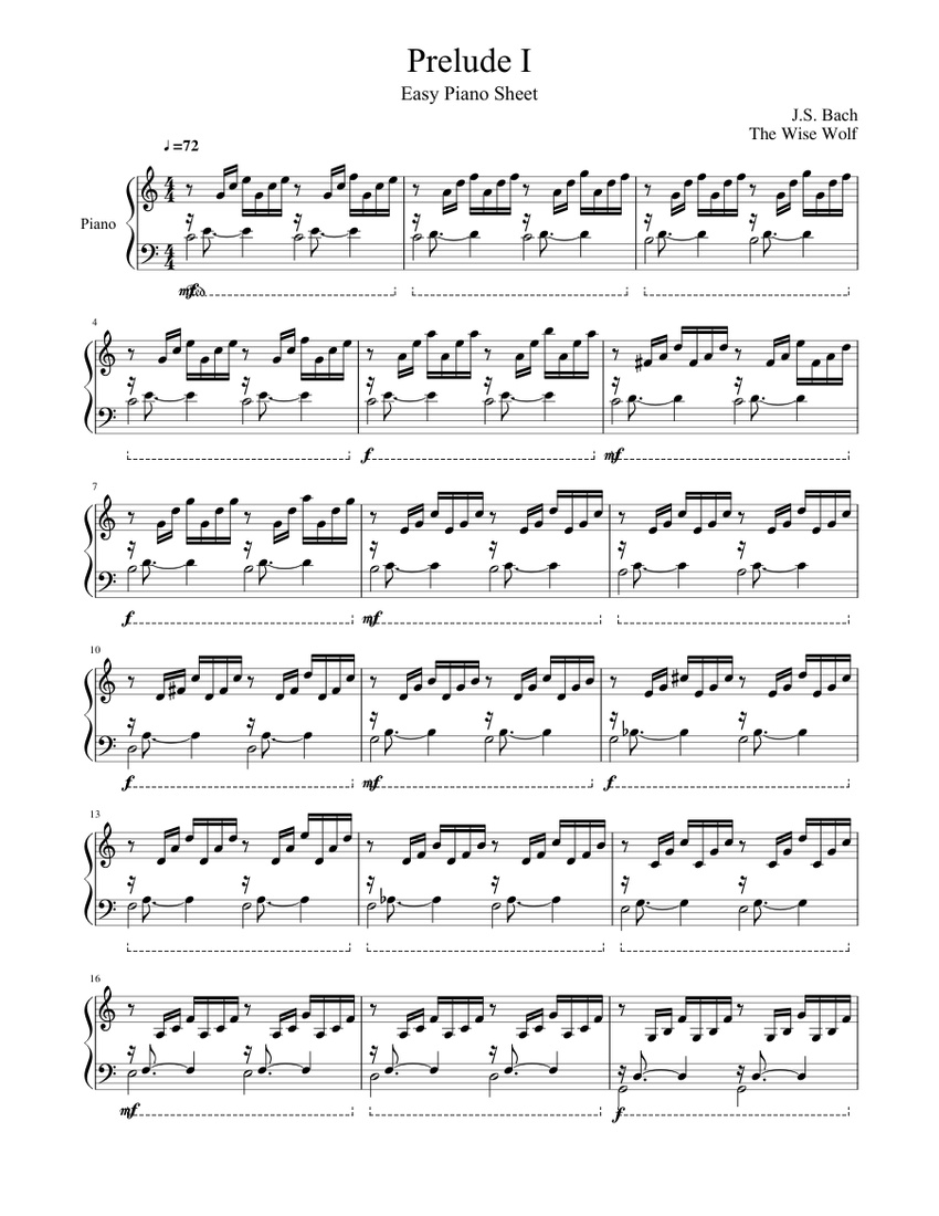 J.S. Bach - 1st Prelude - Arrangement - Easy Piano Sheet Sheet music ...