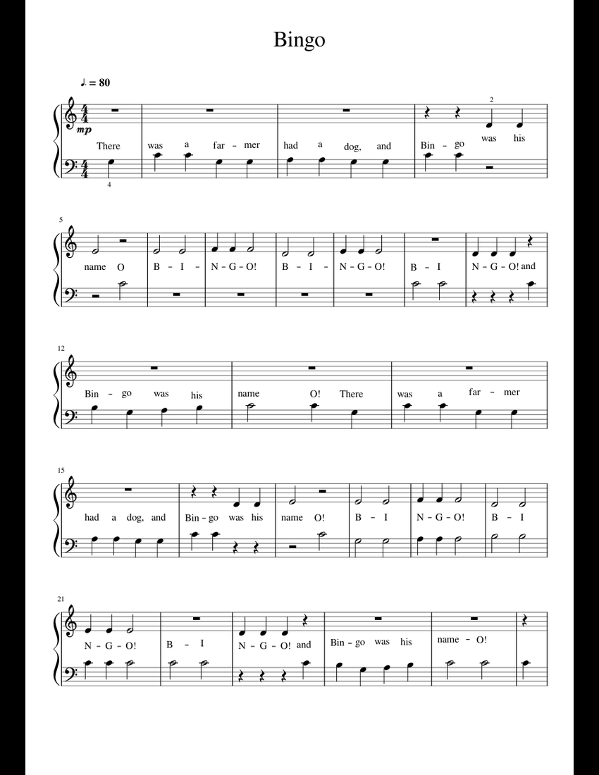 Bingo sheet music for Piano download free in PDF or MIDI