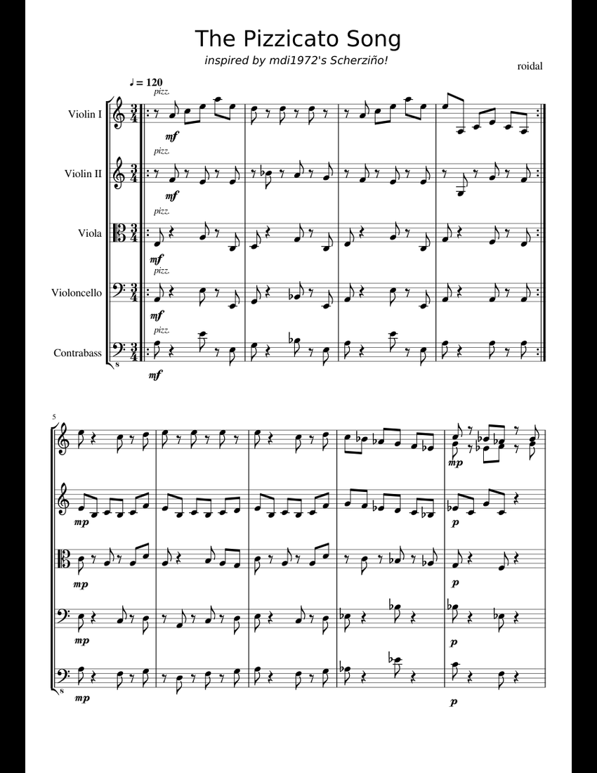 The Pizzicato Song sheet music for Violin, Viola, Cello, Contrabass ...