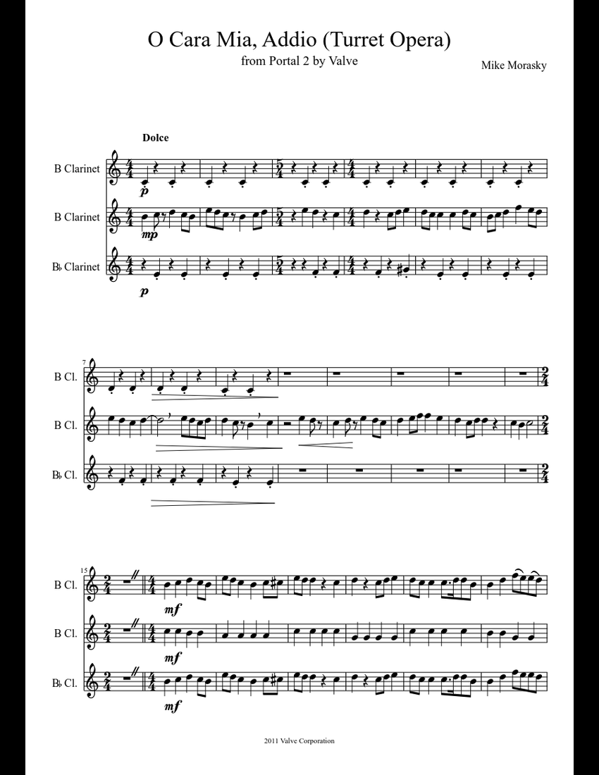 Cara Mia Addio (Portal 2) sheet music for Clarinet download free in PDF or MIDI