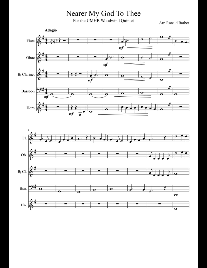 Nearer My God to Thee sheet music for Flute, Clarinet, Oboe, Bassoon ...