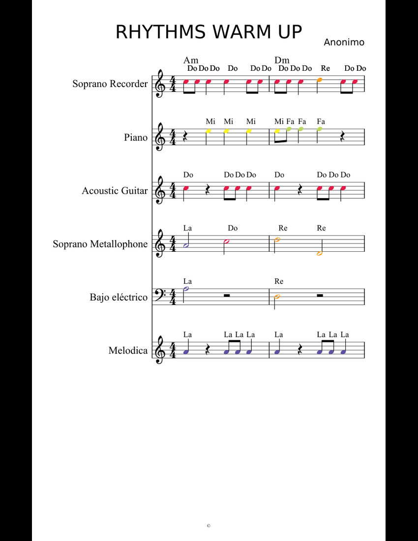 RYTHMS WARM UP sheet music for Piano, Recorder, Guitar, Percussion ...