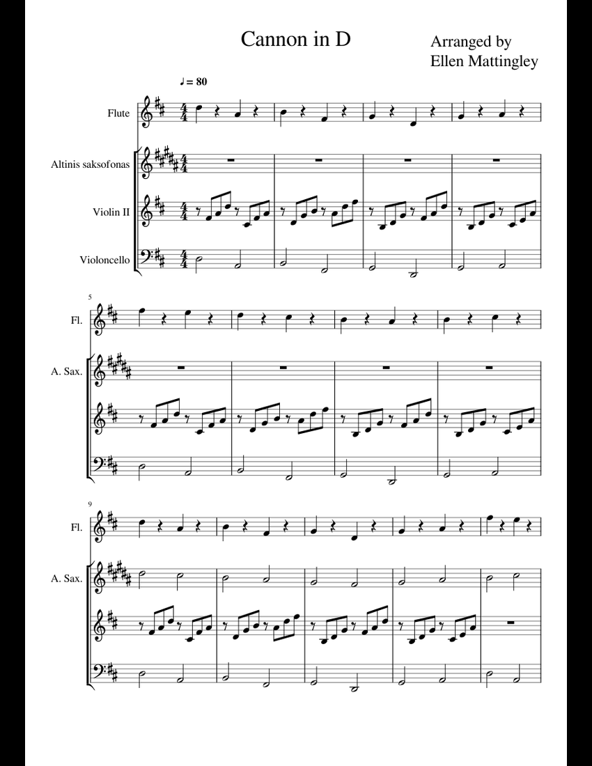 Cannon in D 4 instruments sheet music for Flute, Violin, Alto Saxophone ...