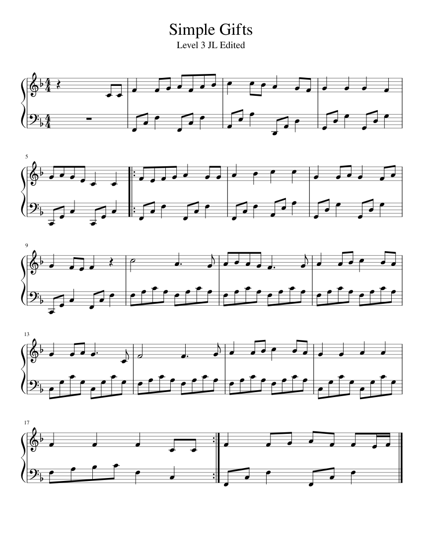 Simple Gifts Sheet music for Piano | Download free in PDF or MIDI ...