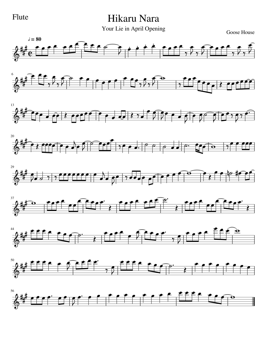Hikaru Nara, Your Lie In April sheet music for Flute download free in ...