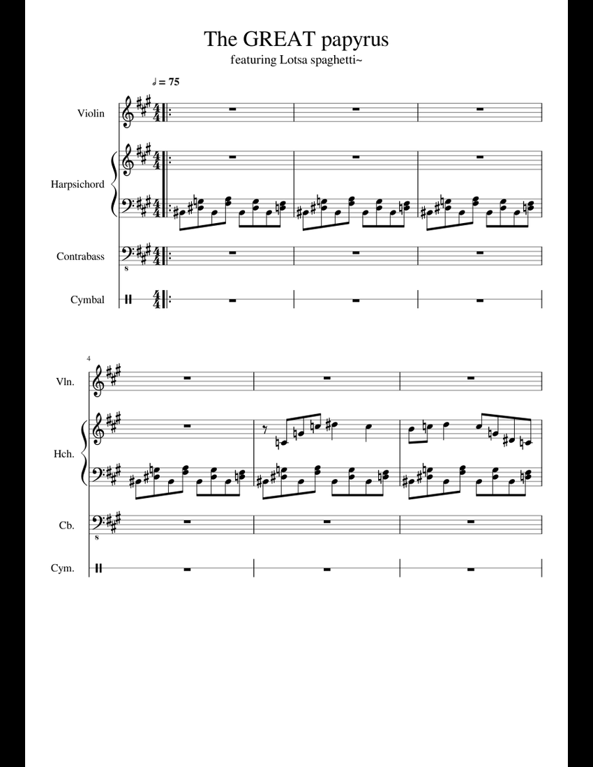 Papyrus sheet music for Violin, Harpsichord, Contrabass, Percussion ...