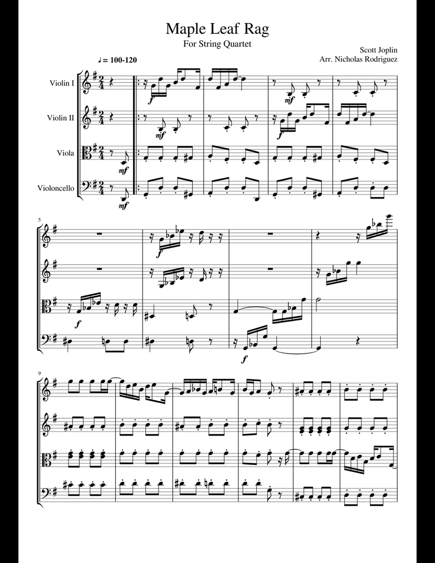 Maple Leaf Rag for String Quartet sheet music for Violin, Viola, Cello ...