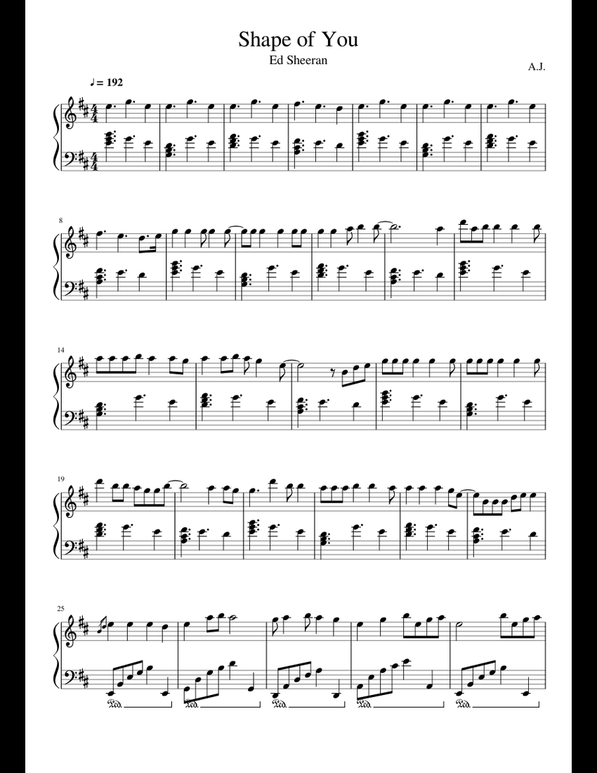 Shape of You - Piano Cover by aj sheet music for Piano download free in ...