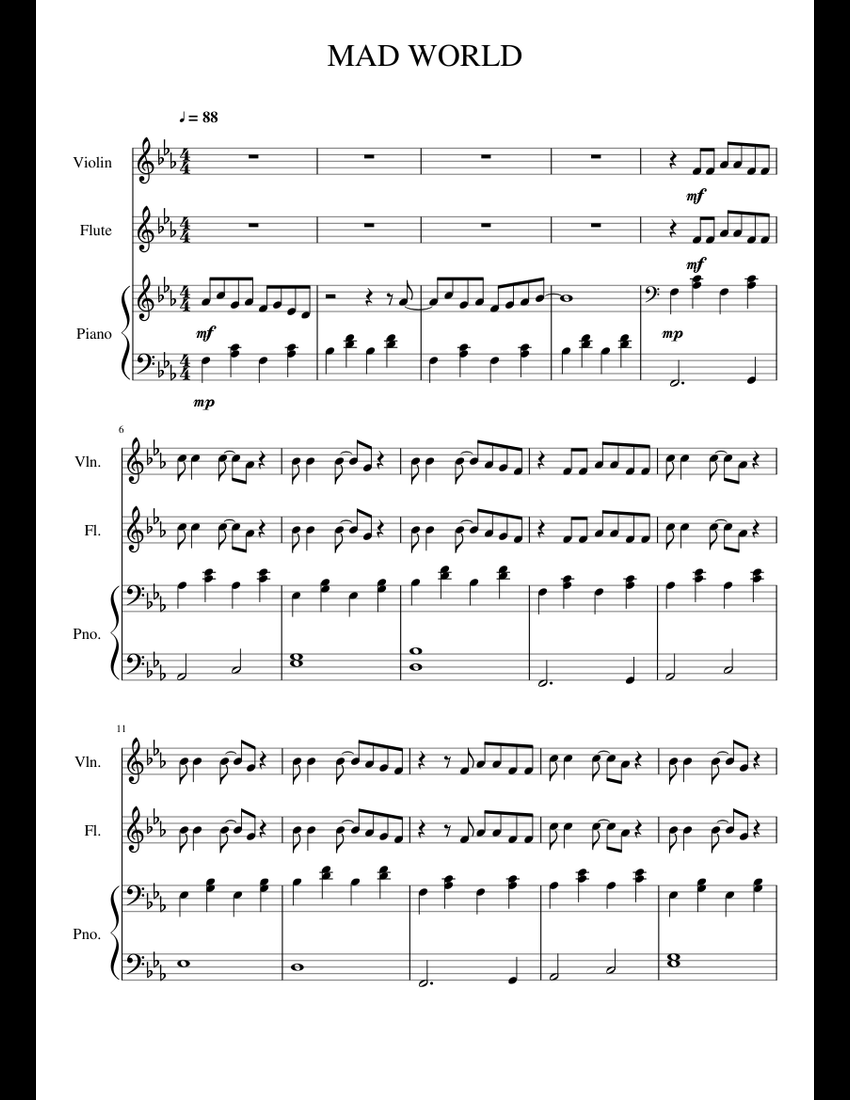 Mad World - Gary Jules sheet music for Violin, Flute, Piano download free in PDF or MIDI