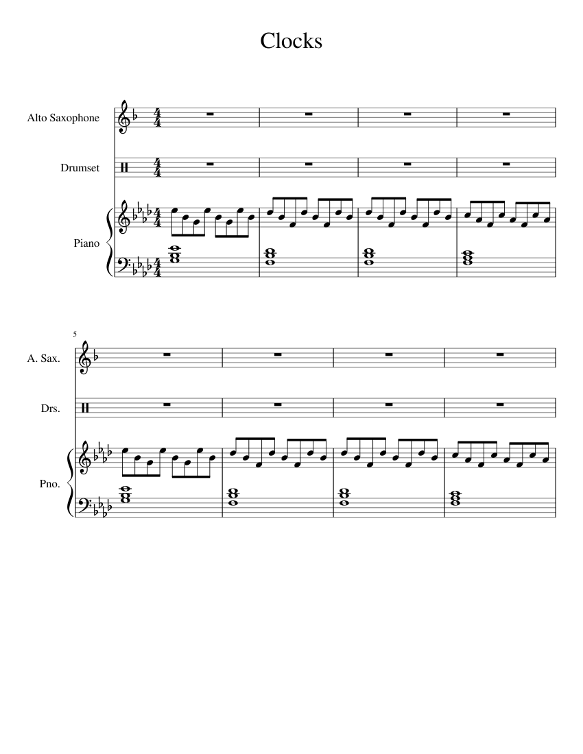 Clocks Sheet music for Piano, Drum Group, Saxophone (Alto) (Mixed Trio ...