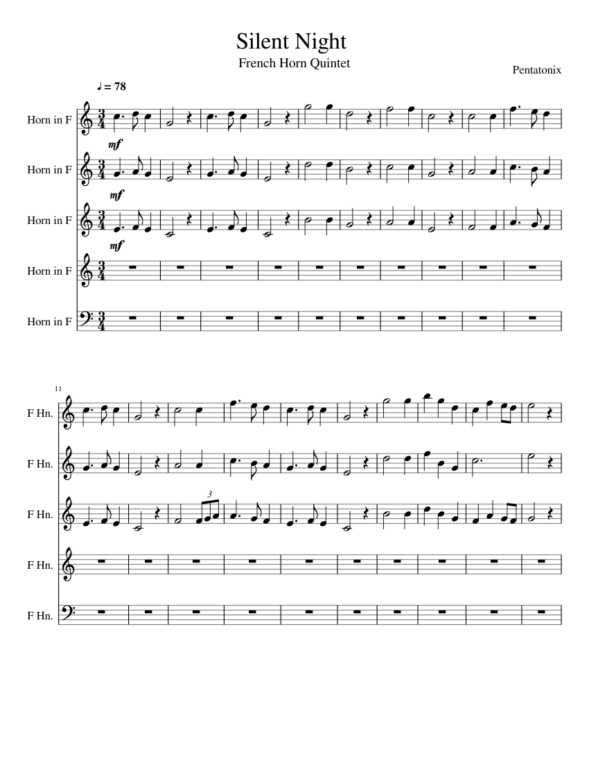 Silent Night for French Horn Quintet Sheet music for French Horn ...