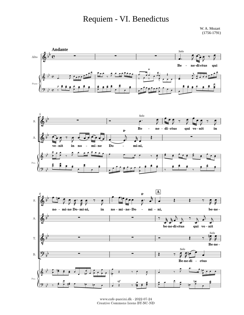 Mozart -- Requiem - 12 Benedictus Sheet music for Piano, Bass (SATB ...