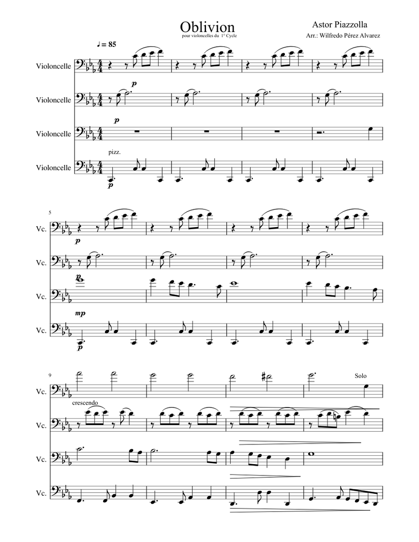Oblivion Piazzola Sheet music for Cello | Download free in PDF or MIDI | Musescore.com