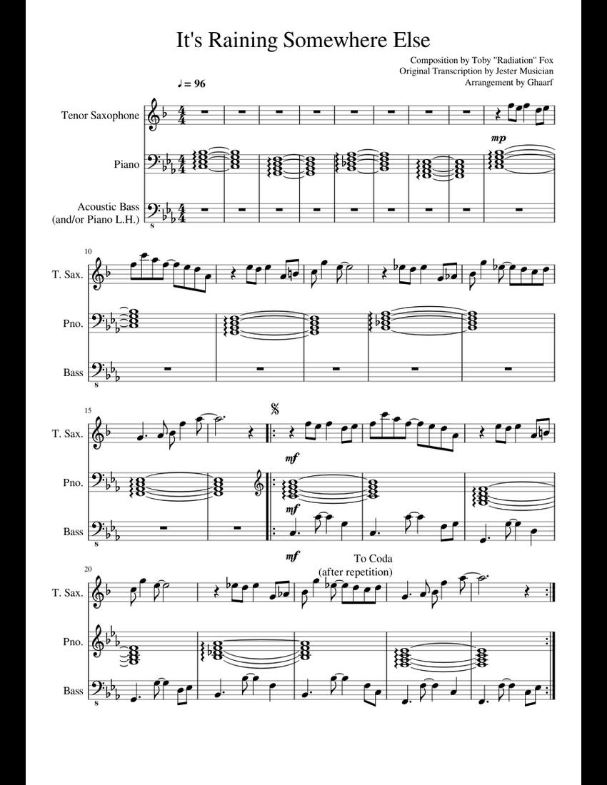 It's Raining Somewhere Else - for Tenor Sax, Piano, and Bass sheet music for Piano, Tenor ...
