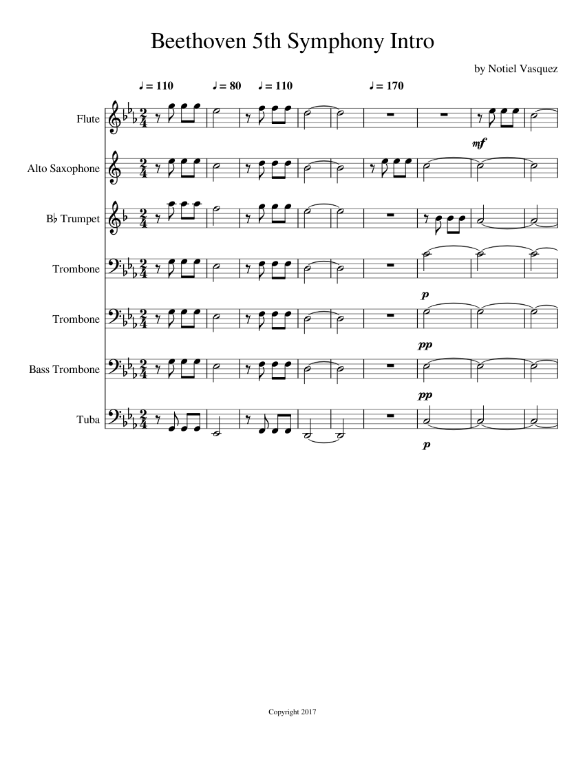 Beethoven 5th Symphony Intro sheet music for Flute, Alto Saxophone ...