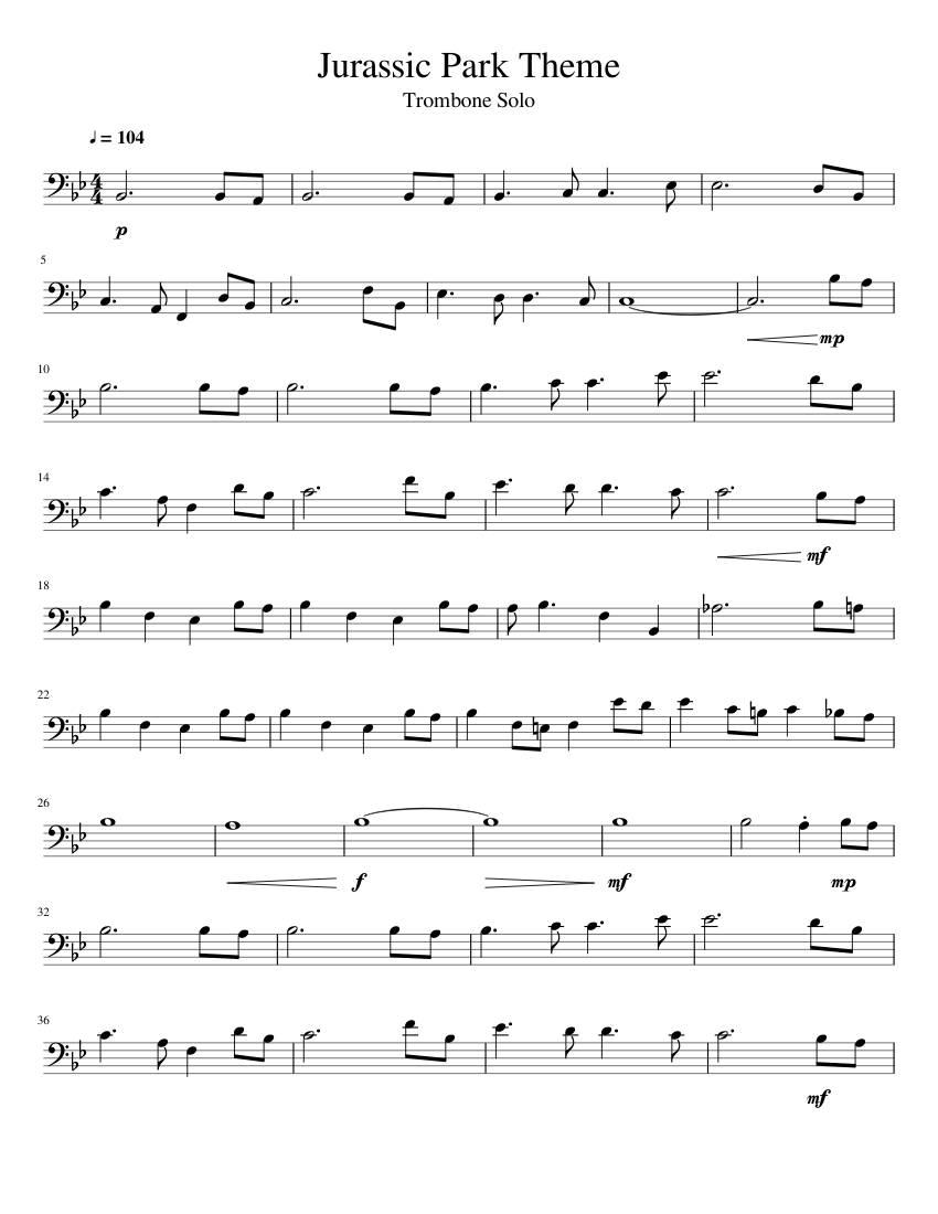 Jurassic Park Theme - Trombone Solo Sheet music for Trombone | Download ...
