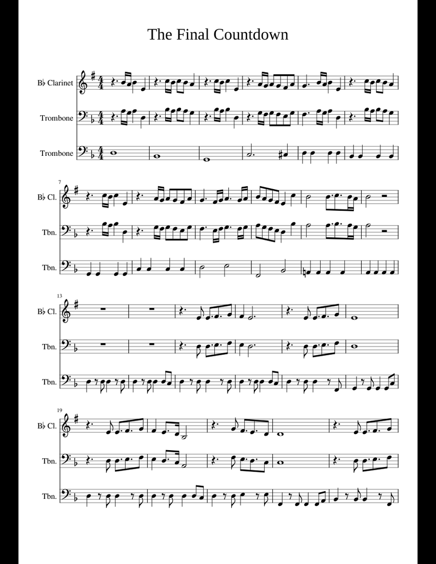 The_Final_Countdown_Trombones_and_Clarinet sheet music for Clarinet ...