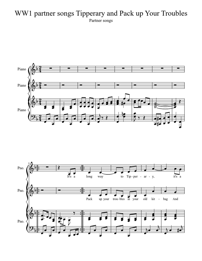 WW1 partner songs Tipperary and Pack up Your Troubles Sheet music for ...