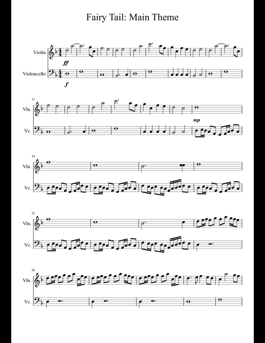 Fairy Tail: Main Theme sheet music for Violin, Cello download free in ...