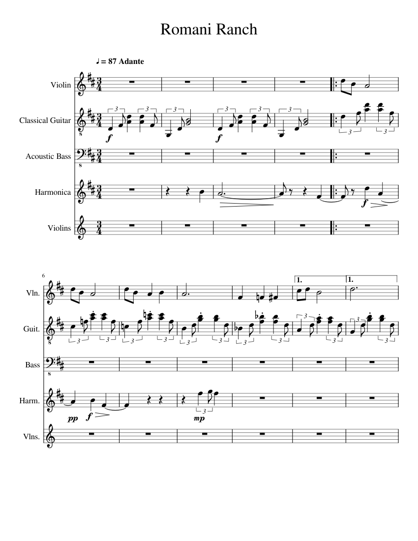 Romani Ranch/Lon Lon Ranch sheet music for Violin, Guitar, Bass ...