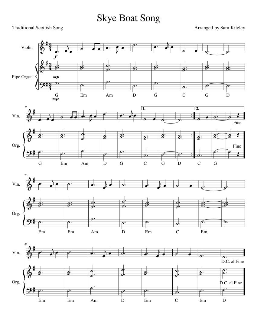 Skye Boat Song sheet music for Violin, Organ download free in PDF or MIDI
