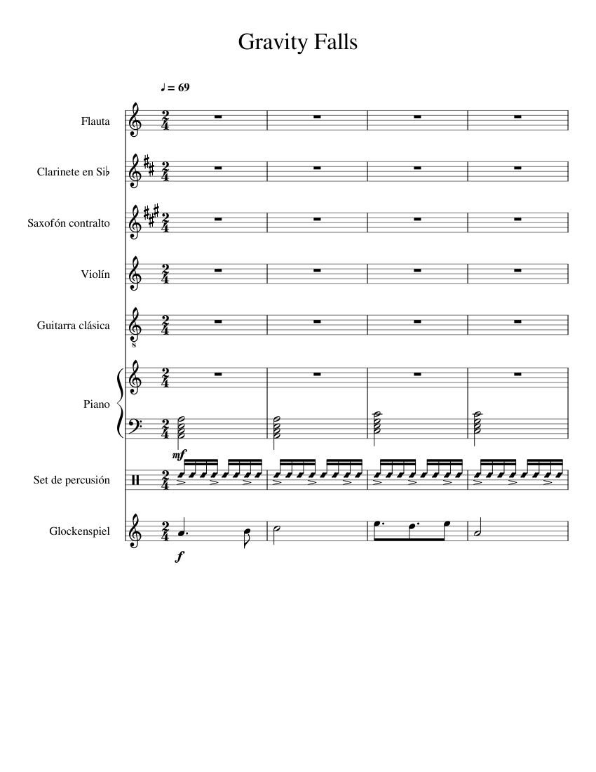 Gravity Falls sheet music for Flute, Clarinet, Violin, Piano download free in PDF or MIDI