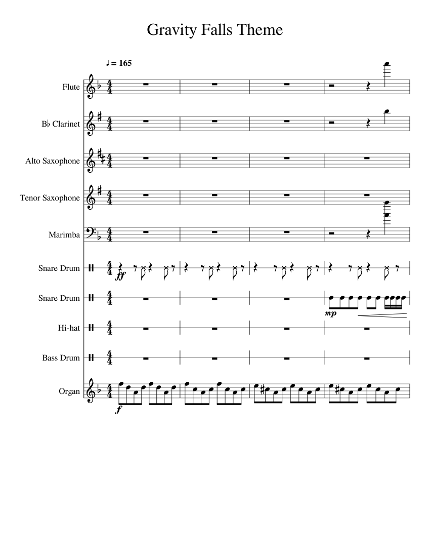 Gravity Falls Theme sheet music for Flute, Clarinet, Alto Saxophone, Tenor Saxophone download ...