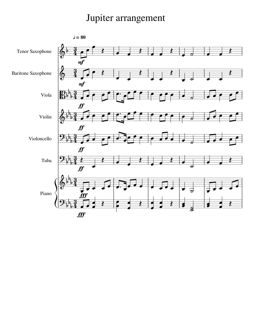 Jupiter sheet music for Violin, Piano, Tenor Saxophone, Baritone ...